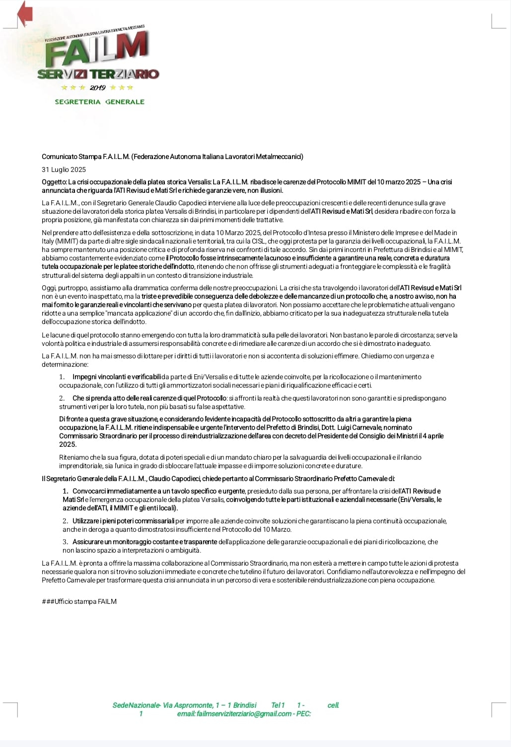 Crisi Versalis: F.A.I.L.M. ribadisce le carenze del Protocollo MIMIT ...